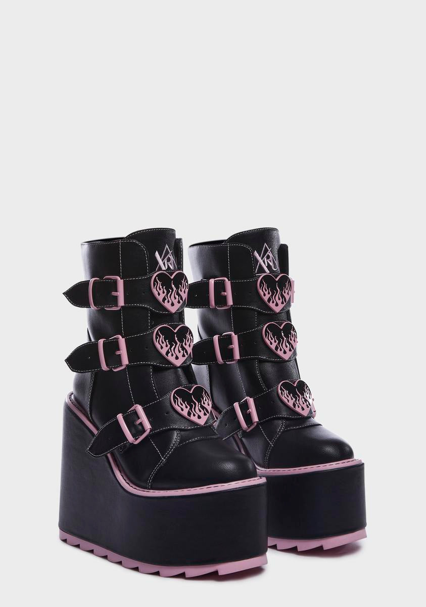 Yru Flame Heart Buckle Platform Boots Black Pink Dolls Kill