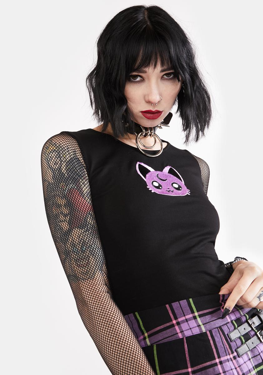 Dolls Kill Halloween Moon Cat Fishnet Top - Black