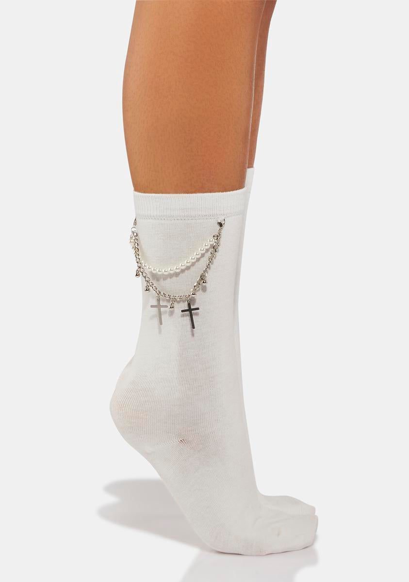 Pearl Cross Chain Crew Socks White – Dolls Kill