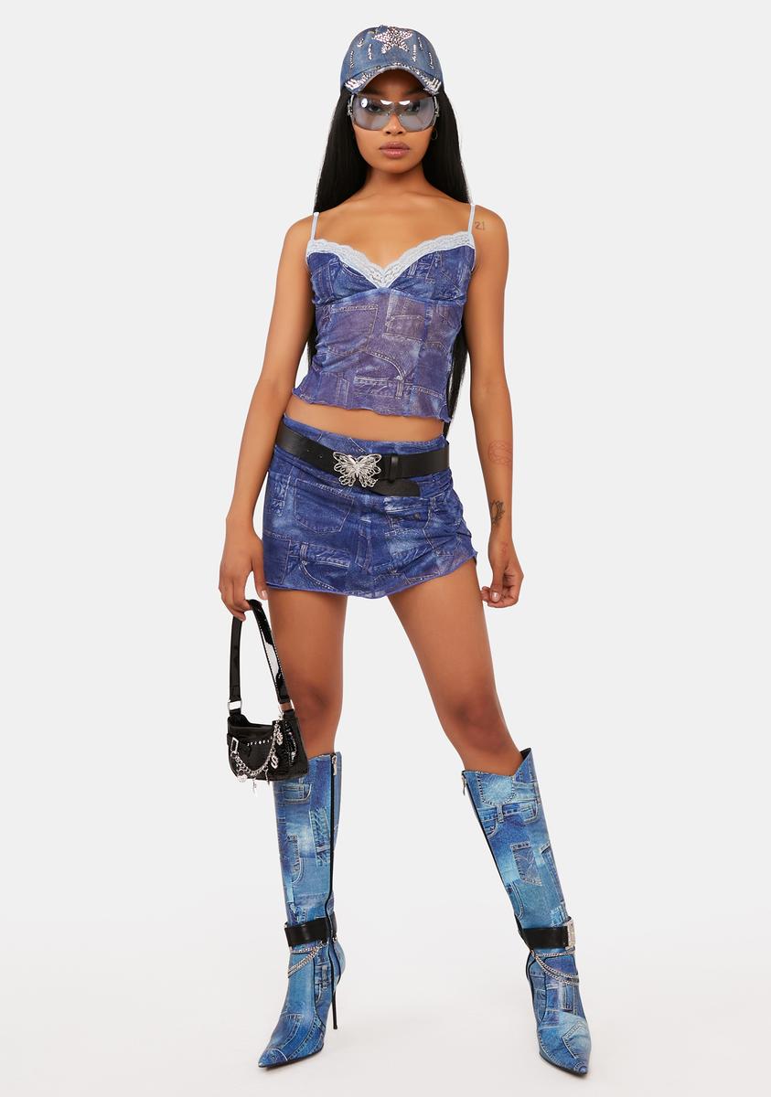 Edikted Mesh Denim Patchwork Mini Skirt - Blue – Dolls Kill