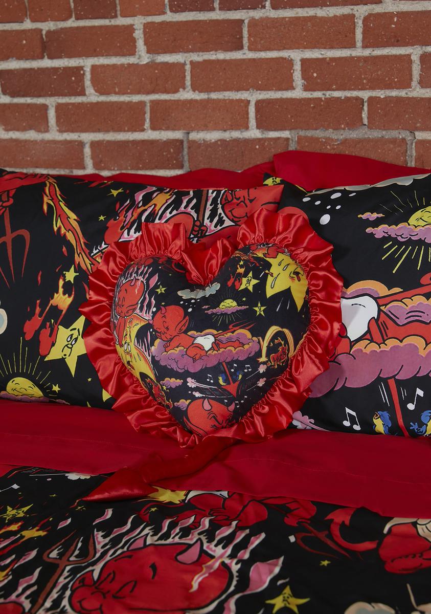 Dolls Kill x Hot Stuff Flame Print Velour Heart Pillow - Red