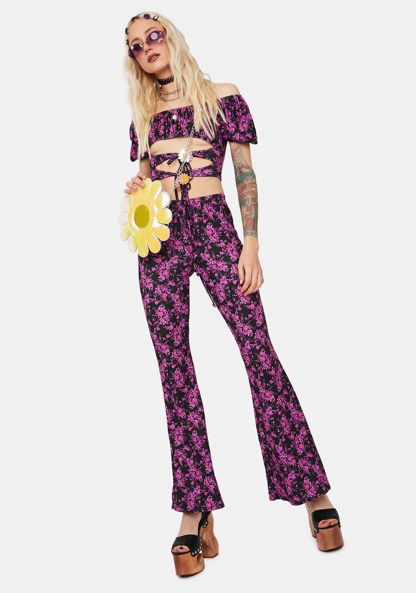 Floral Ruched Tie Crop Top & Flares Set – Dolls Kill