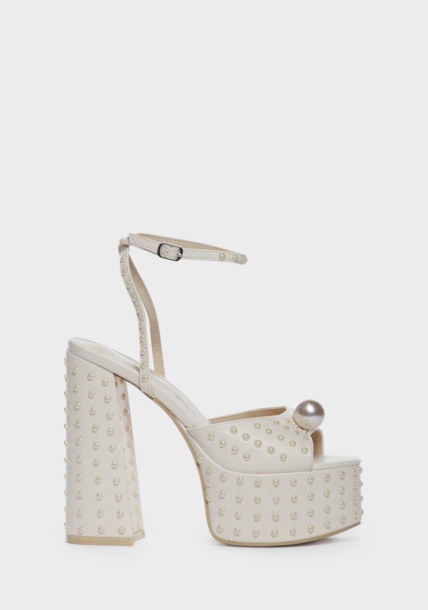 Public Desire Satin Pearl Platform Heels - Ecru – Dolls Kill