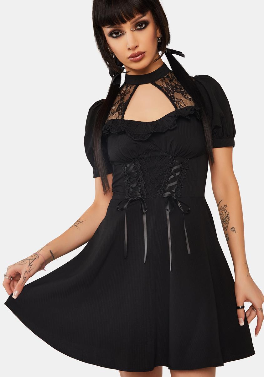 Dark In Love Lace-Up Puff Sleeve Mini Dress - Black – Dolls Kill