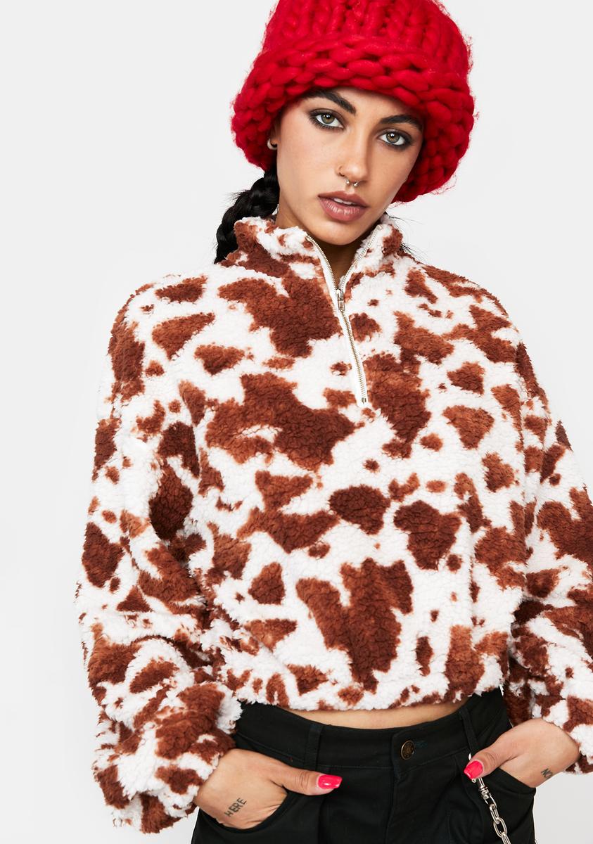 Cow Print Half Zip Fleece Sweater - White/Brown – Dolls Kill