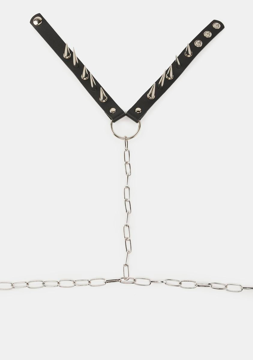 Vegan Leather Collar And Metal Chain Spiked Harness - Black – Dolls Kill