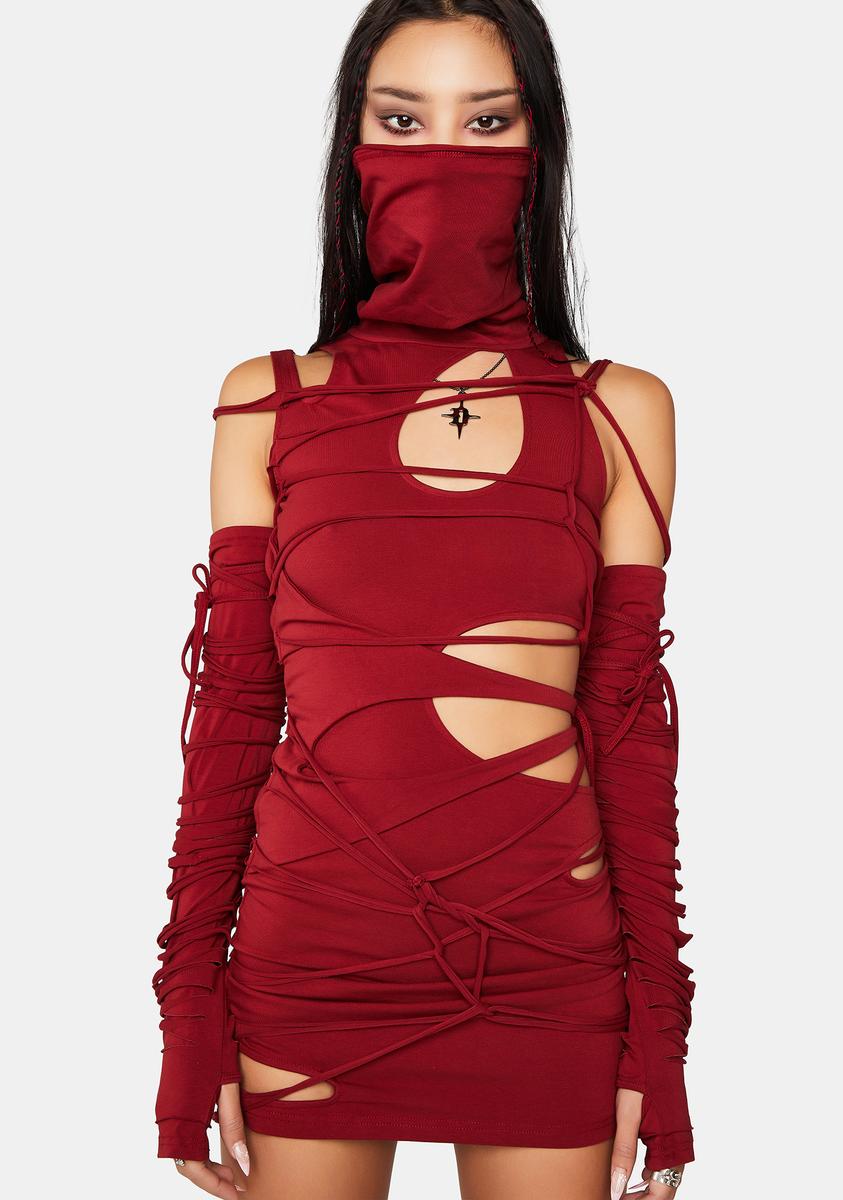 Darker Wavs Strappy Cut Out Bodycon Mini Dress Dark Red Dolls Kill