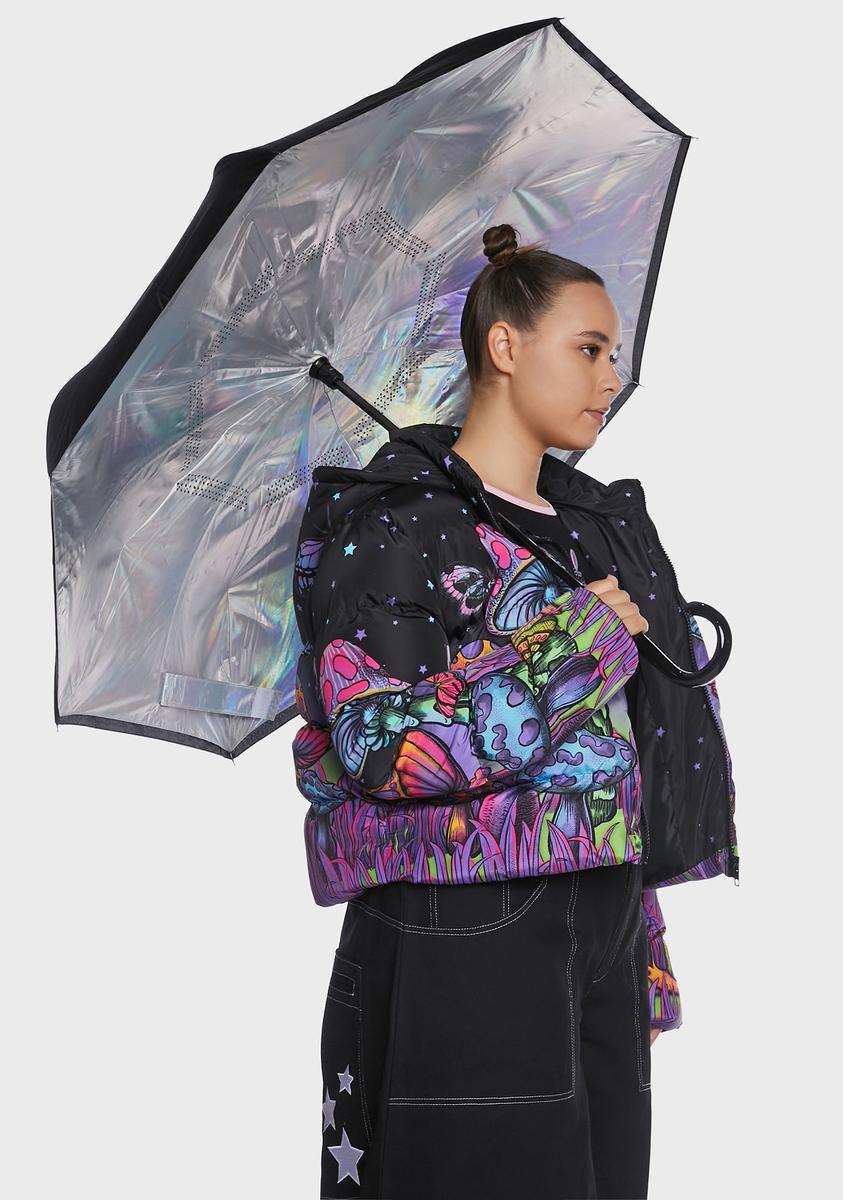 ShedRain Reverse Opening C-Handle Umbrella - Black/Iridescent – Dolls Kill