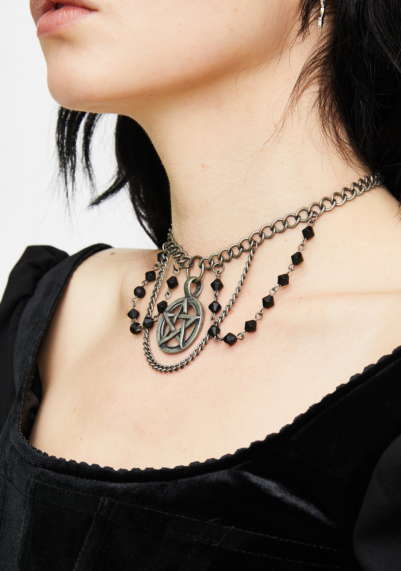 Chain Link Choker Necklace Pentagram Star Pendant Beaded Brass – Dolls Kill