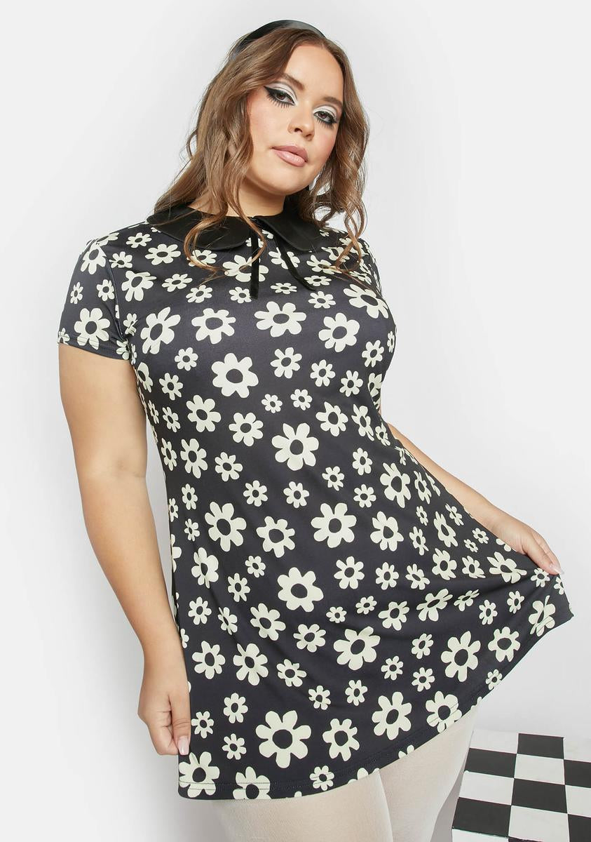 Plus Size Current Mood Floral Print Collared Mini Dress - Black/Cream ...