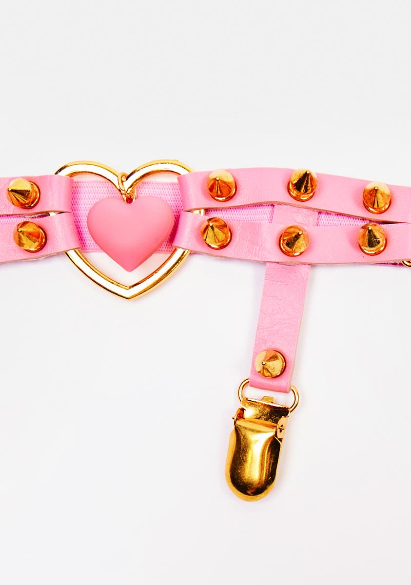 Heart Ring Heart Charm Gold Spiked Garters - Baby Pink – Dolls Kill