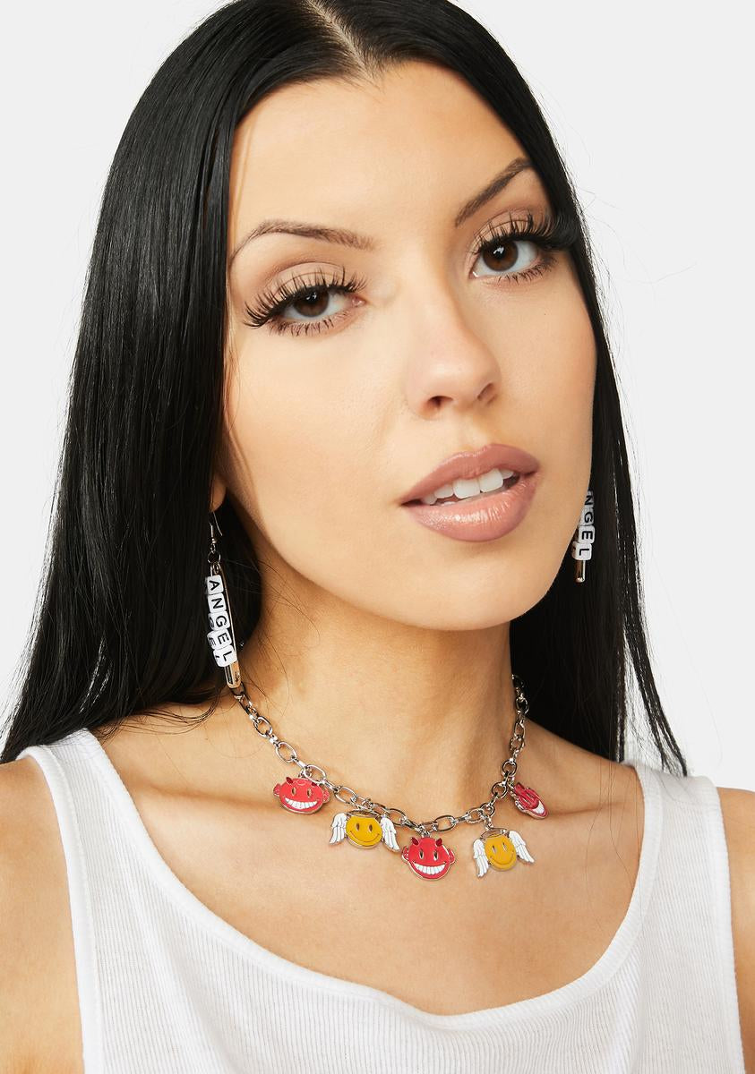 Devil And Angel Head Charm Chain Necklace - Silver/Red/Yellow – Dolls Kill