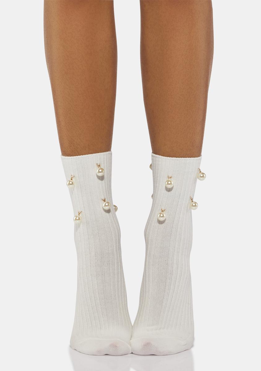 Pearl Beaded Crew Socks Gold White – Dolls Kill