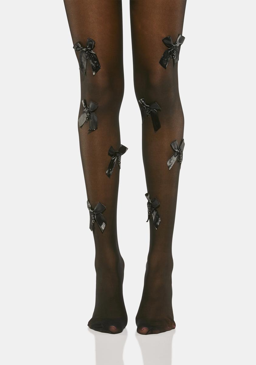 Sheer Tights With Pearl Embellished Satin Bows - Black – Dolls Kill