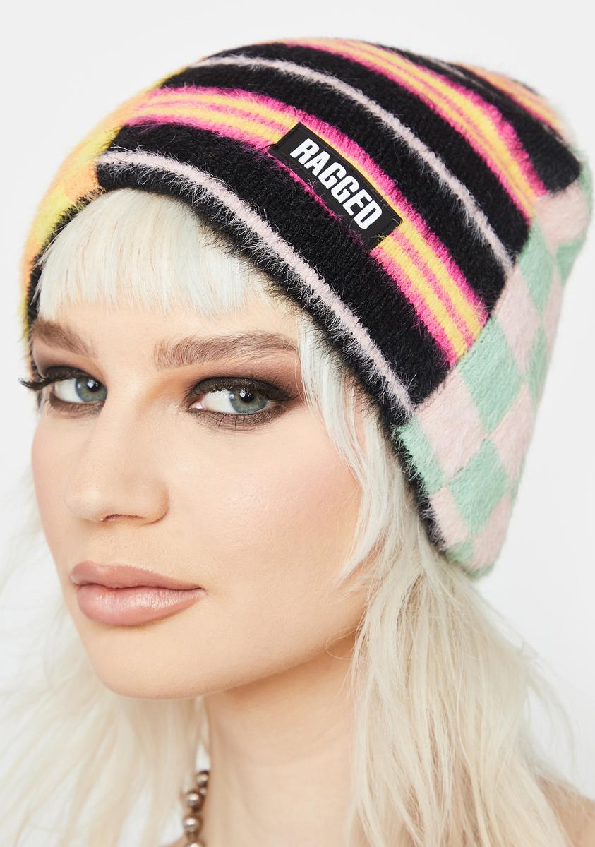 The Ragged Priest Checkered And Striped Beanie - Multi – Dolls Kill