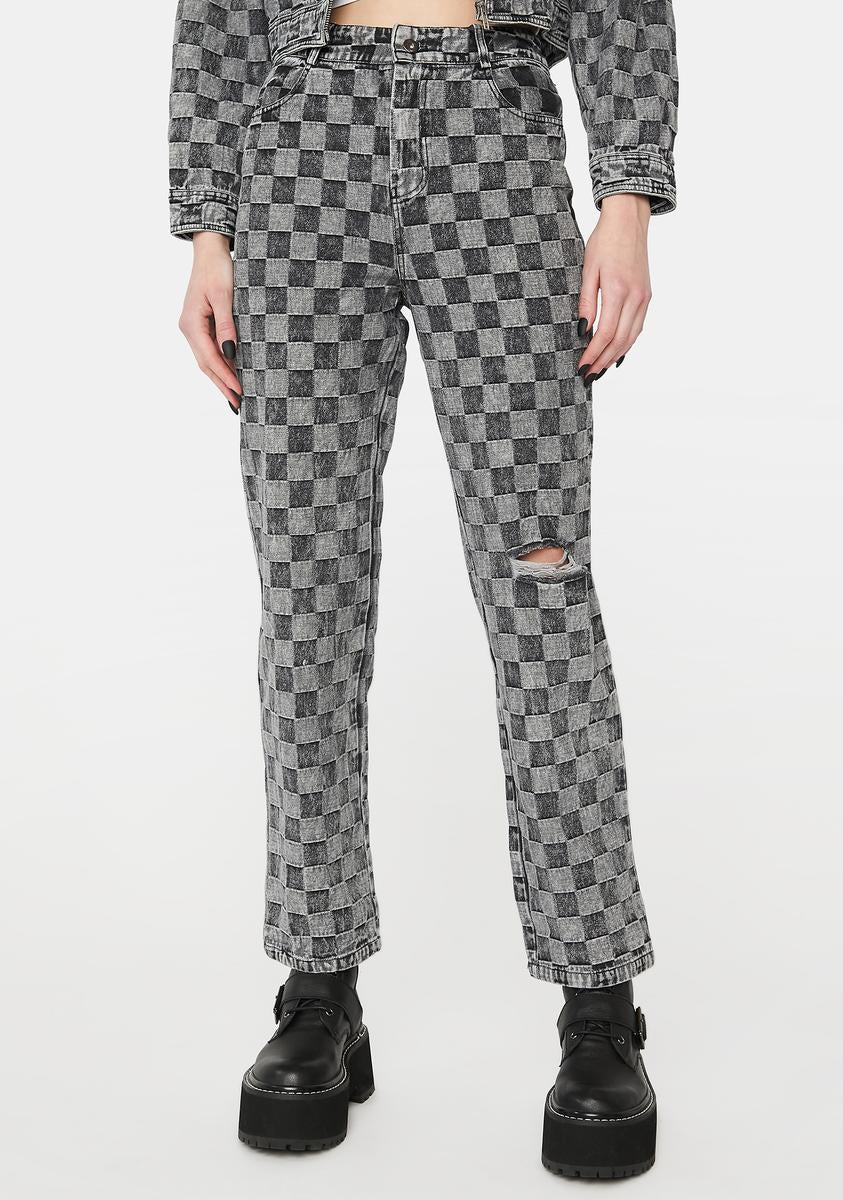 Checkered Denim Pants - Black – Dolls Kill