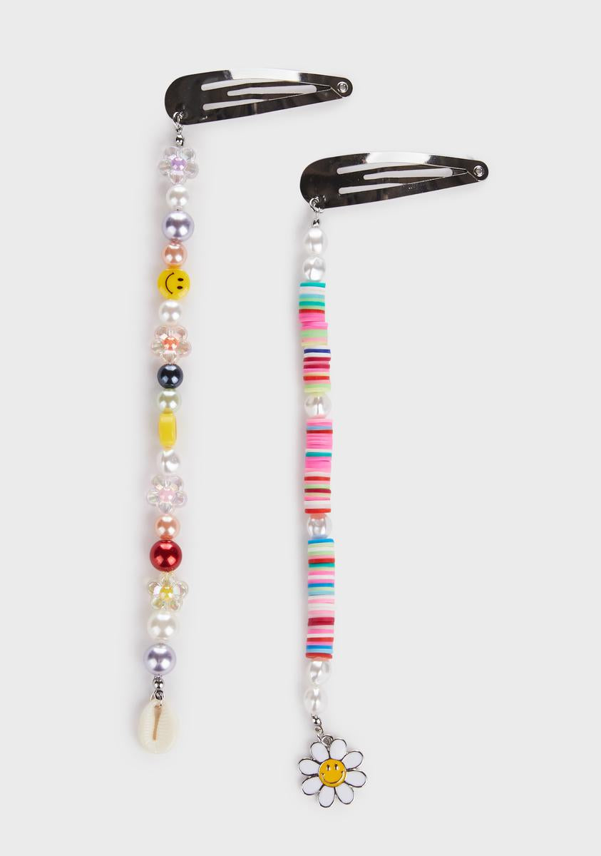 Dangle Beaded Daisy Happy Face Charm Hair Clip Set - Multi – Dolls Kill