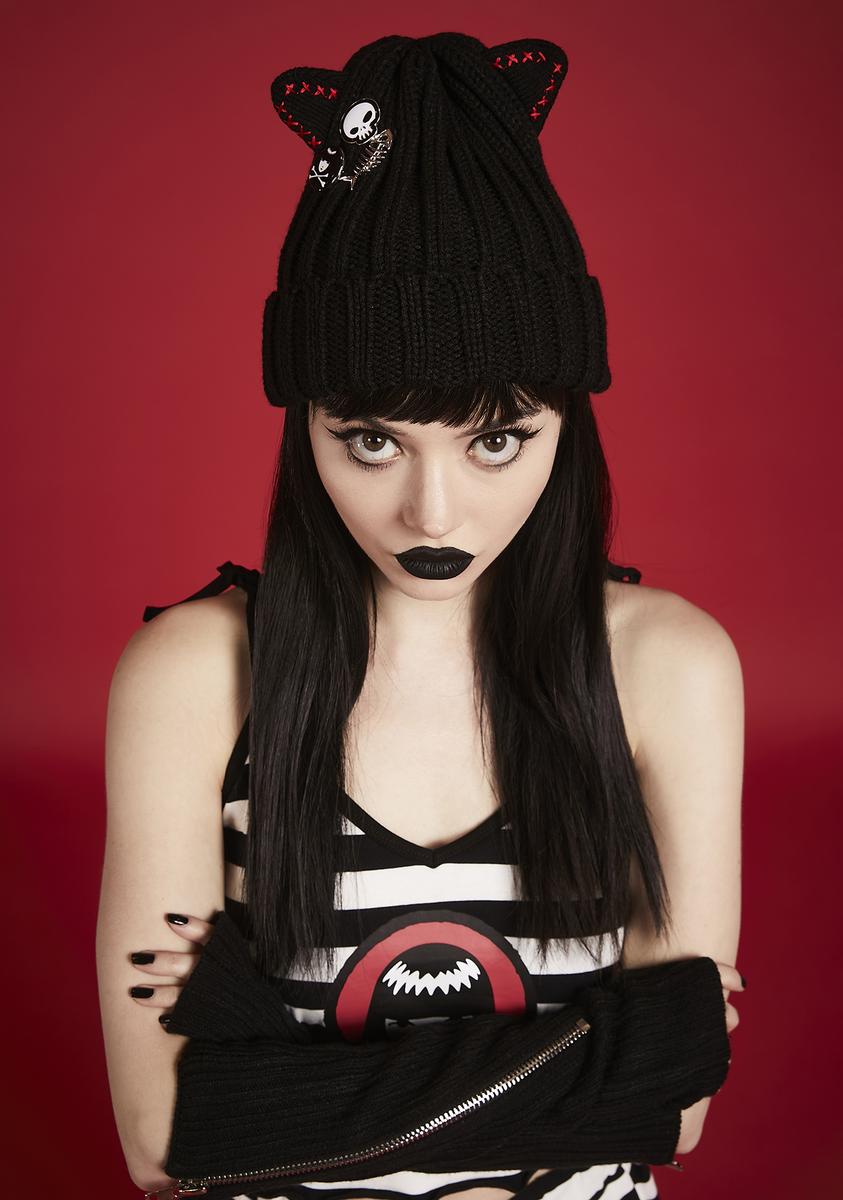 Dolls Kill X Emily The Strange Cat Ear Beanie - Black