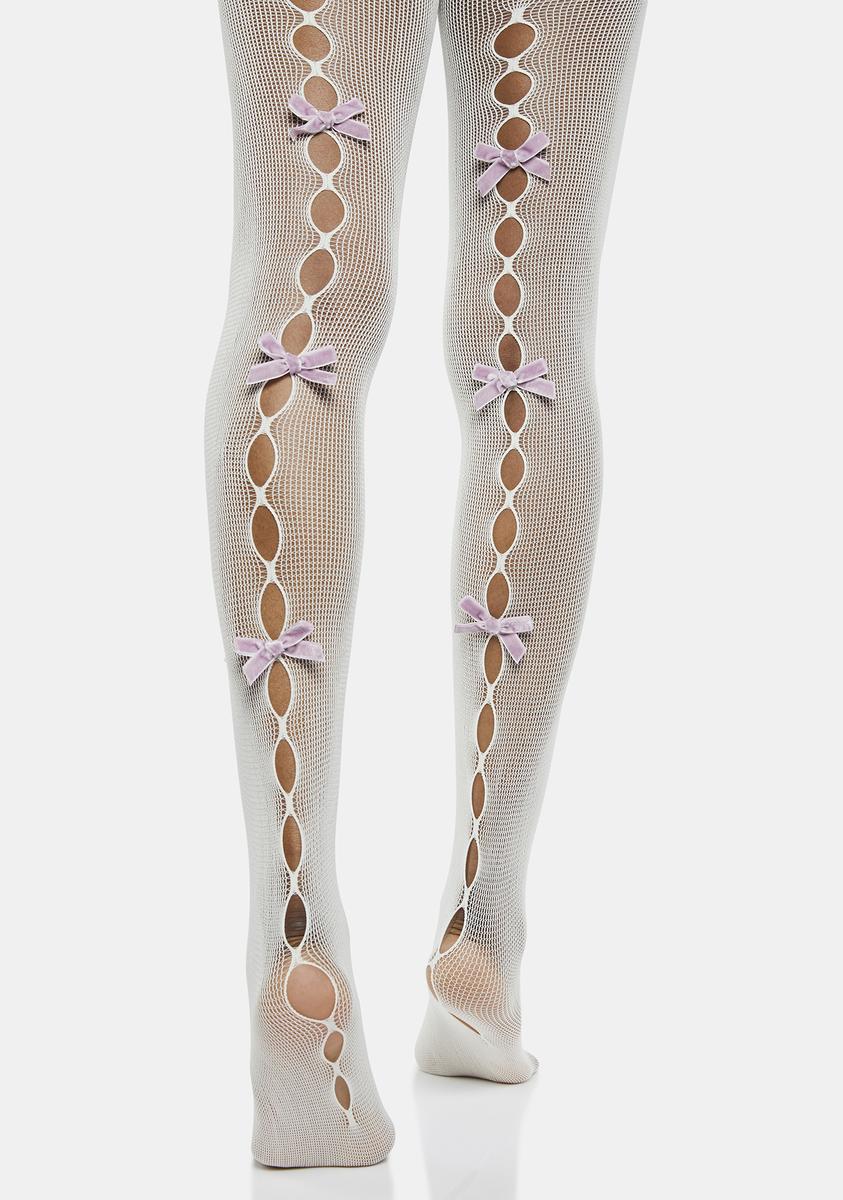Fishnet Cutout Bow Tights - White/Purple – Dolls Kill