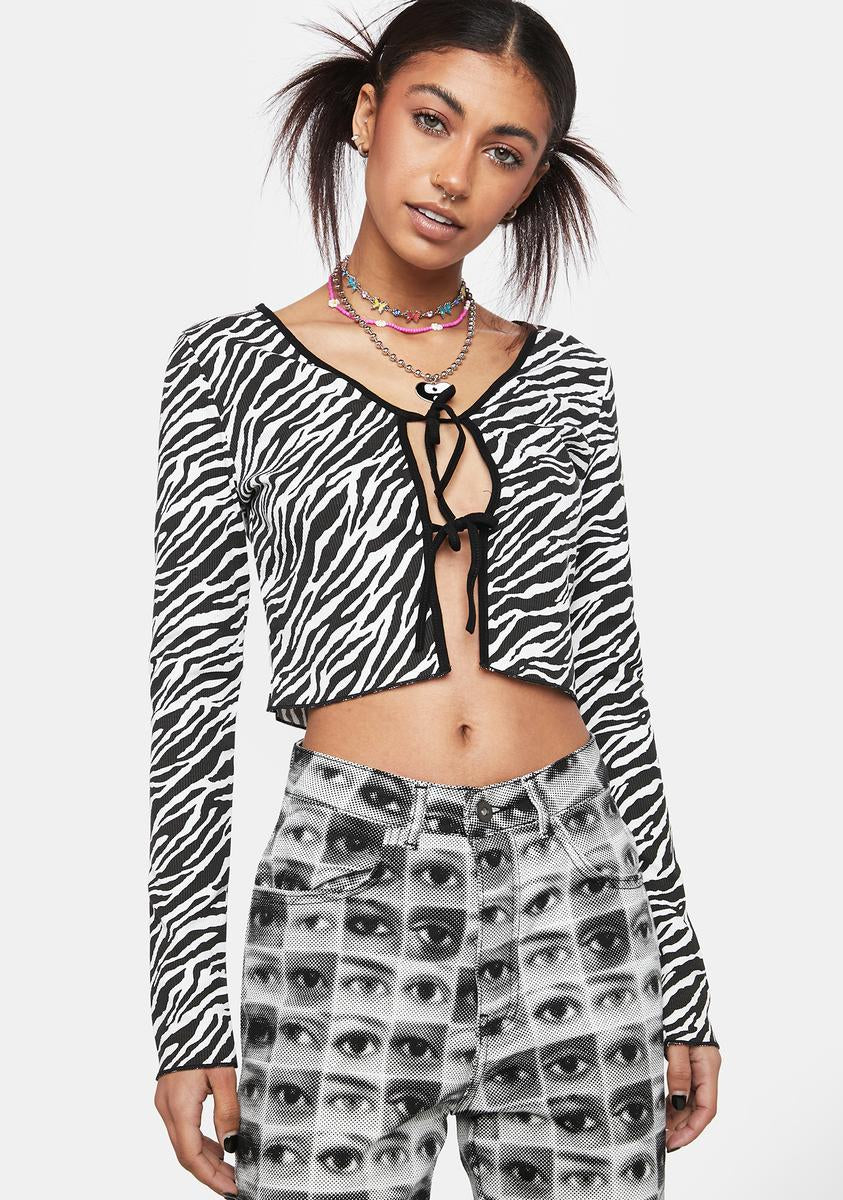 Pretty Garbage Zebra Open Long Sleeve Tie Front Top – Dolls Kill