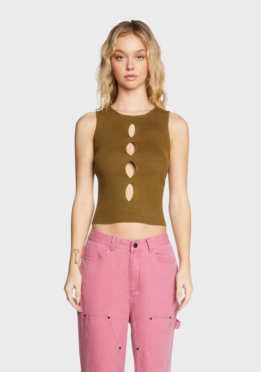 Pretty Garbage Ribbed Knit Keyhole Cut Out Sleeveless Crop Top - Olive ...