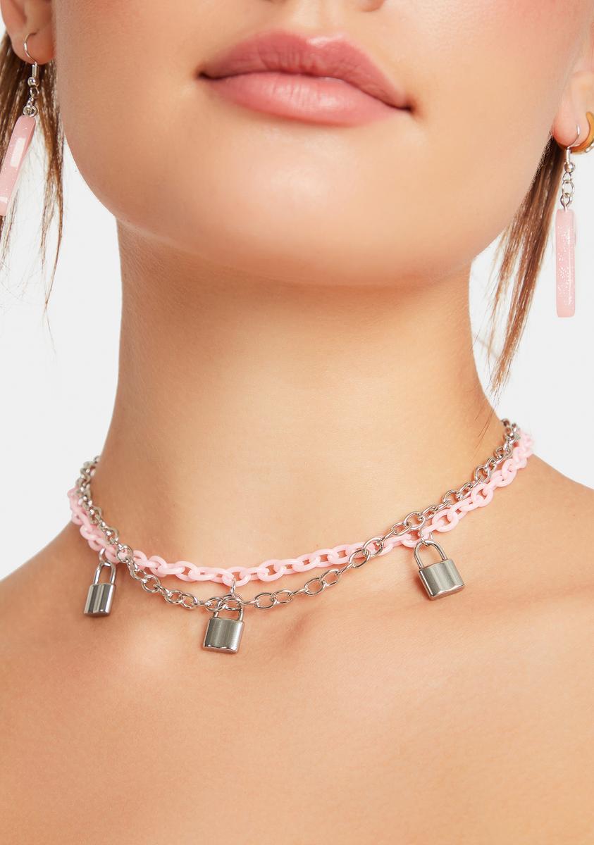 Silver Pink Layered Chain Necklace With Lock Charms – Dolls Kill