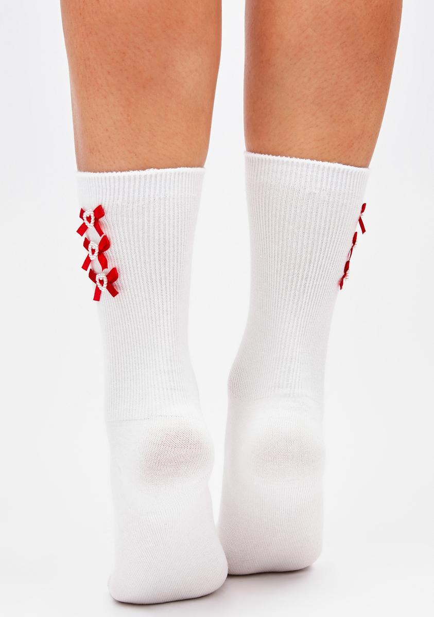 Ribbed Crew Socks With Satin Ribbons - White/Red – Dolls Kill