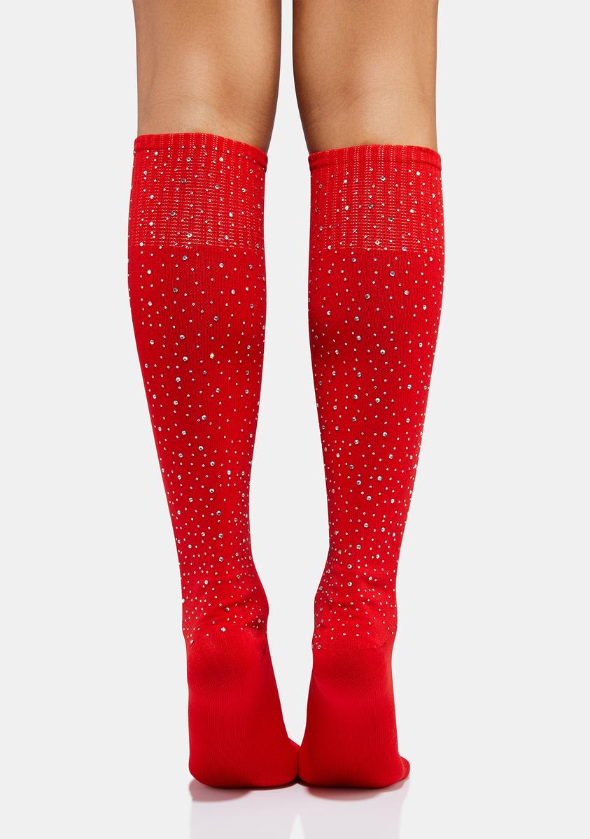 Knee High Socks With Embellished Rhinestones - Red – Dolls Kill