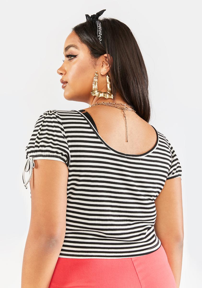 Plus Size Bow Detail Puff Sleeve Structured Bust Crop Top - Striped ...