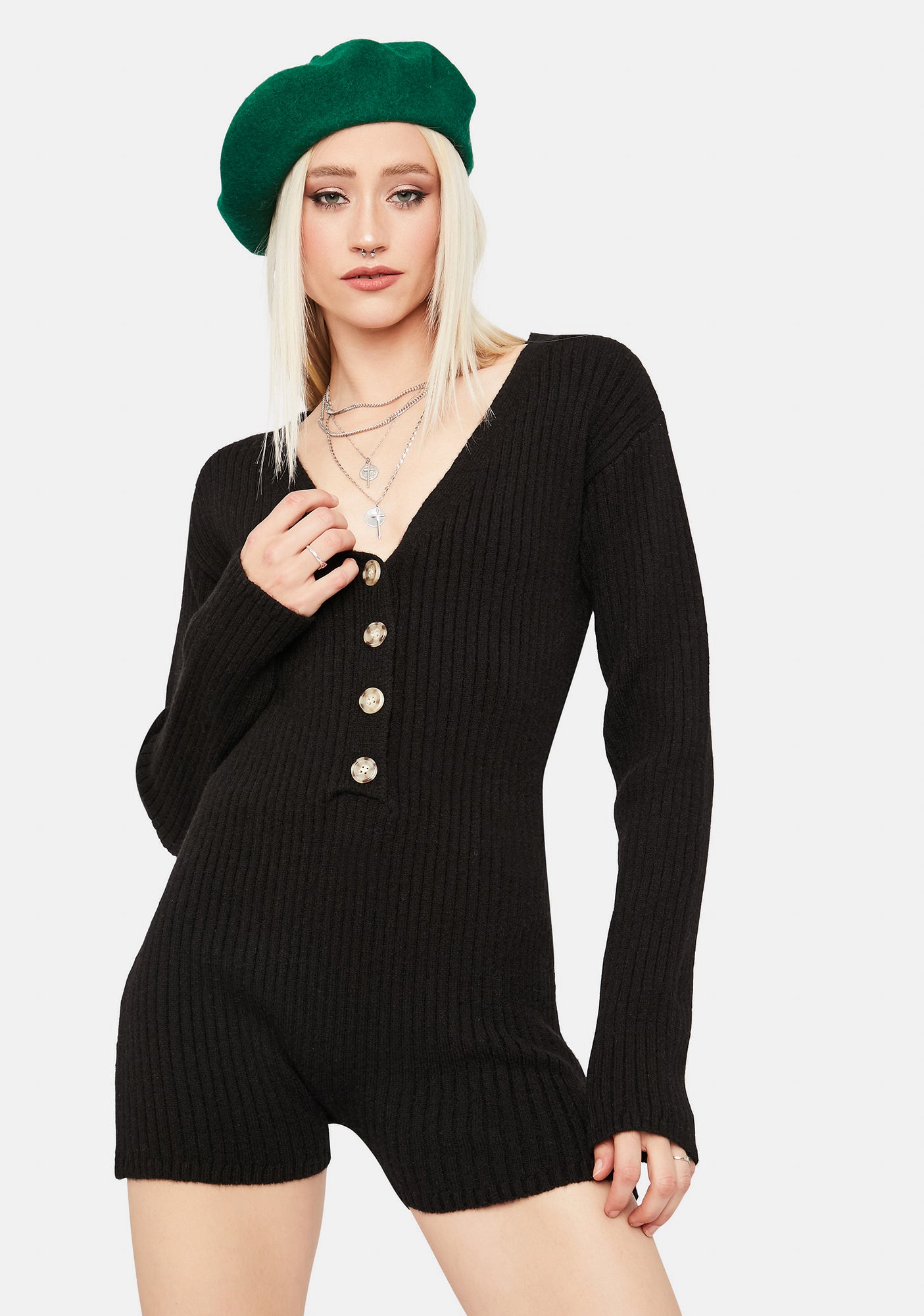 Knit Ribbed Long Sleeve Button Up Romper - Black – Dolls Kill