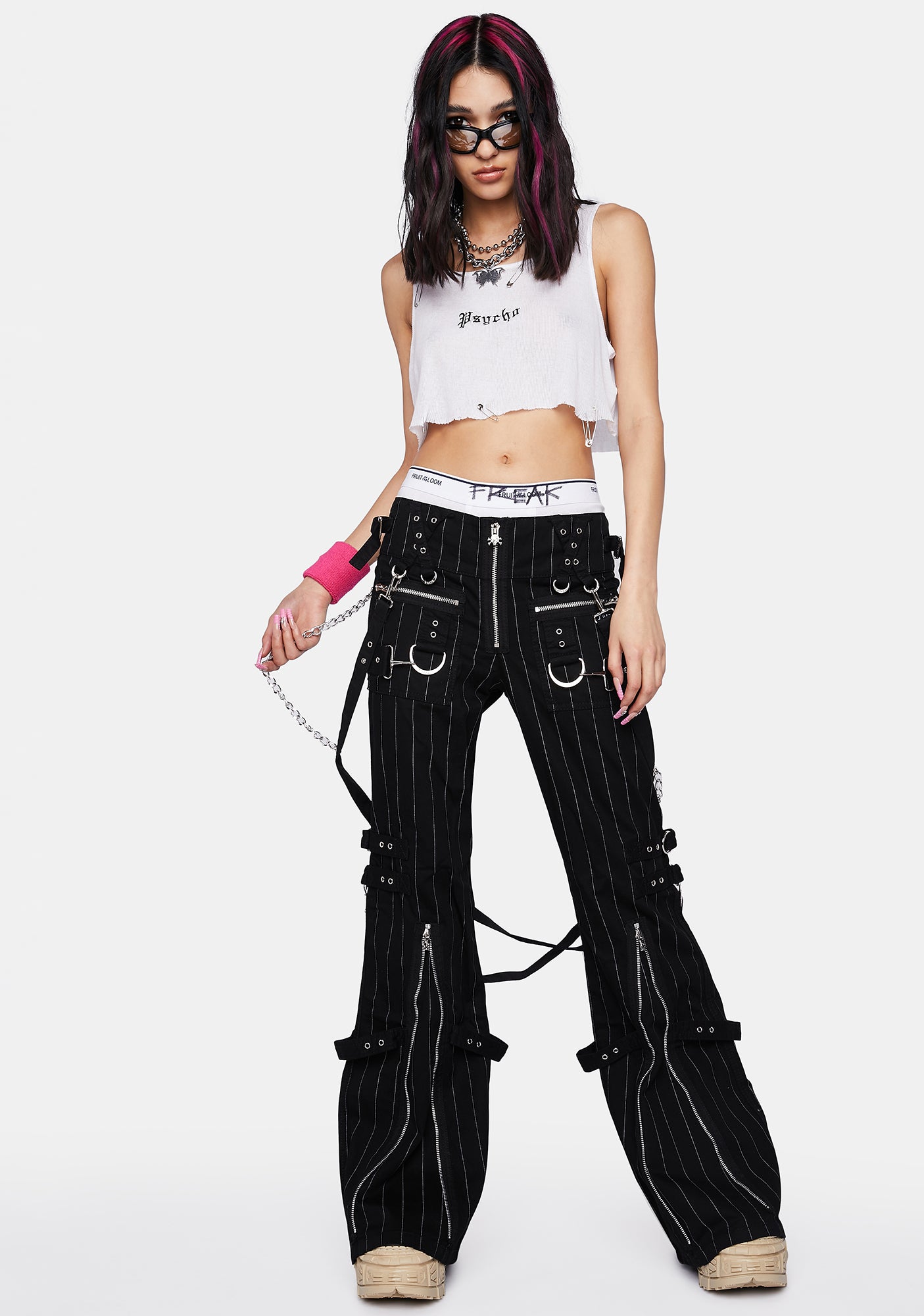 Tripp NYC Pinstripe D Ring Bondage Flare Pants – Dolls Kill
