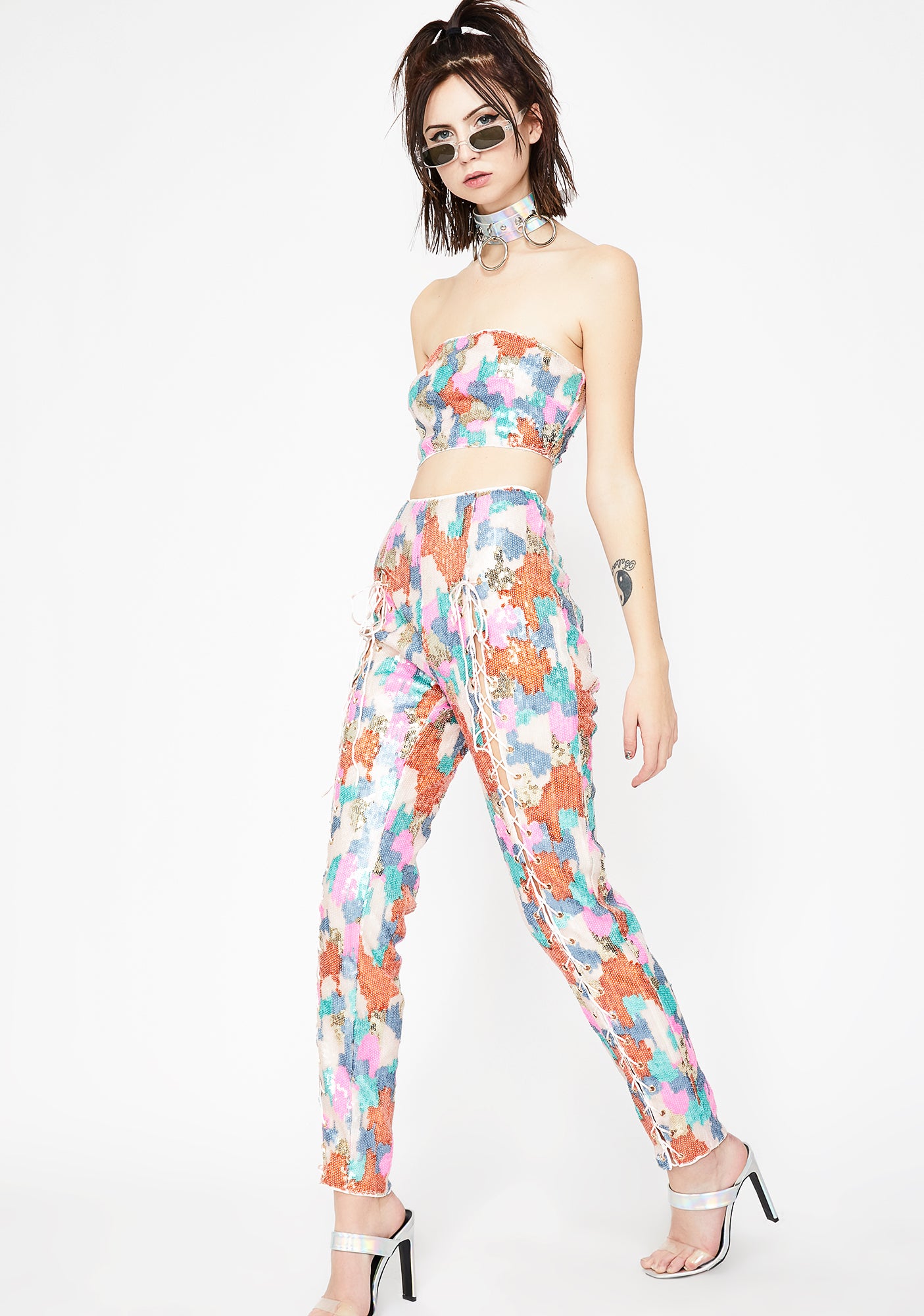 Sequin Camo Lace Up Pants Set – Dolls Kill
