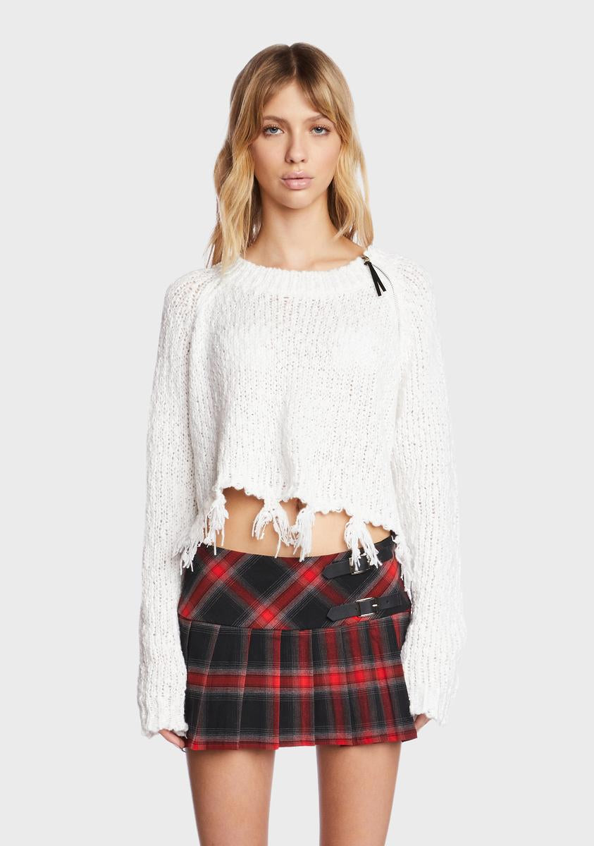 Chunky Knit Distressed Zipper Sweater - White – Dolls Kill