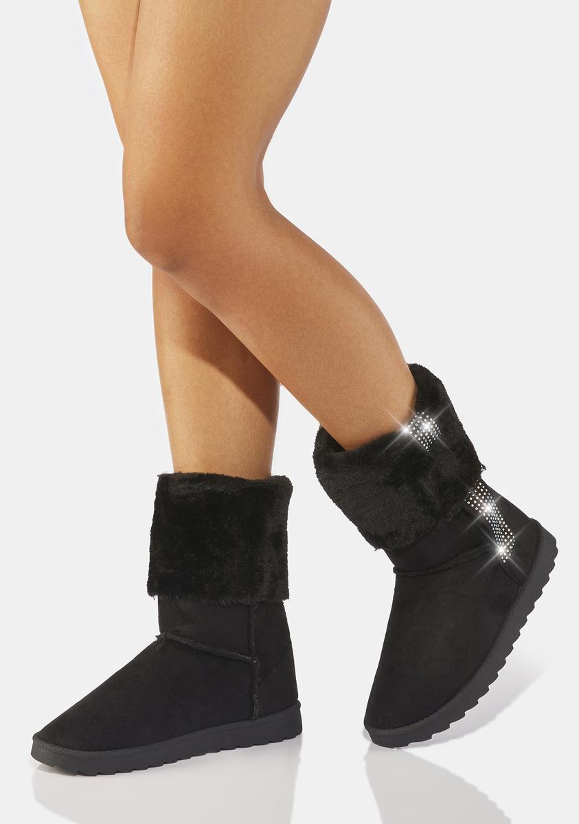 Faux Fur Fold Over Rhinestone Boots - Black – Dolls Kill