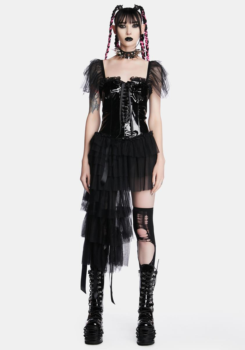 Widow Vinyl Tulle Asymmetric Corset Dress - Black/Gray – Dolls Kill