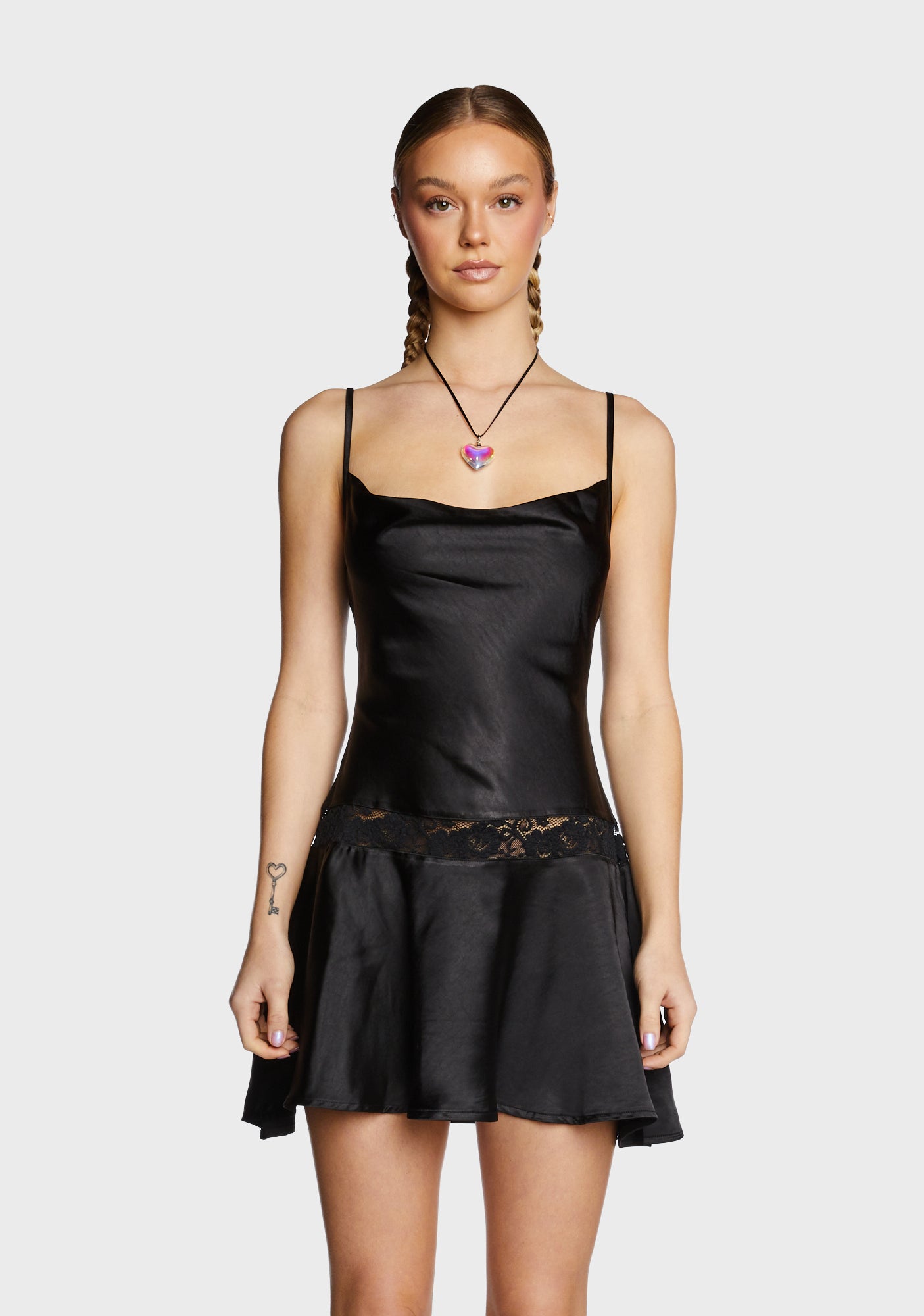 Motel Lace Trim Mini Slip Dress - Satin Black – Dolls Kill