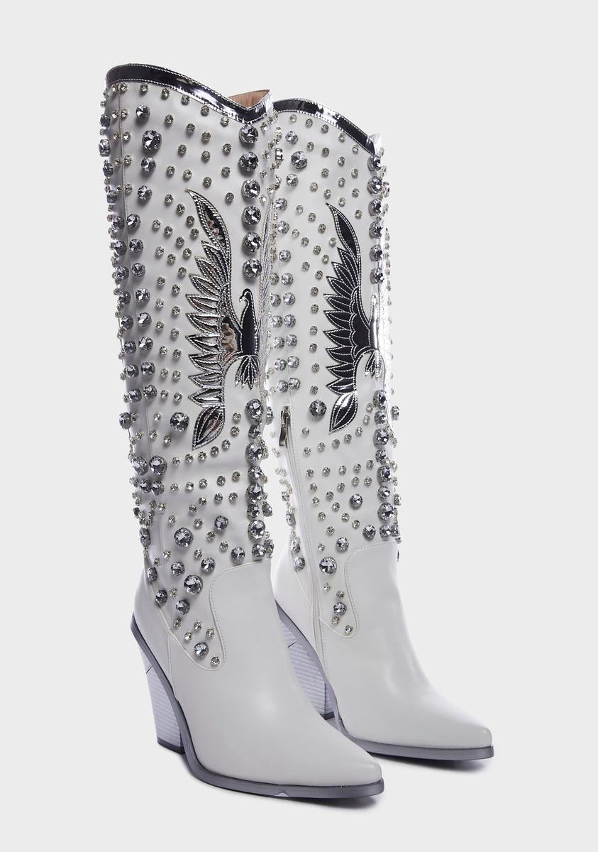 AZALEA WANG Metallic Rhinestone Cowboy Boots - White – Dolls Kill