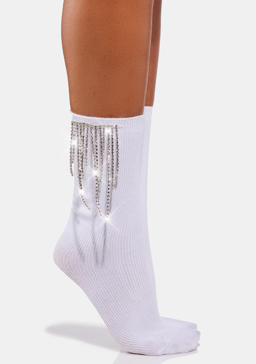 Rhinestone Fringe Crew Socks - White – Dolls Kill
