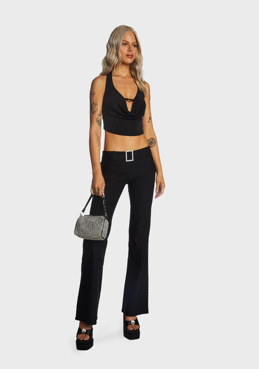 Motel Rhinestone Buckle Low Rise Flare Pants - Black – Dolls Kill
