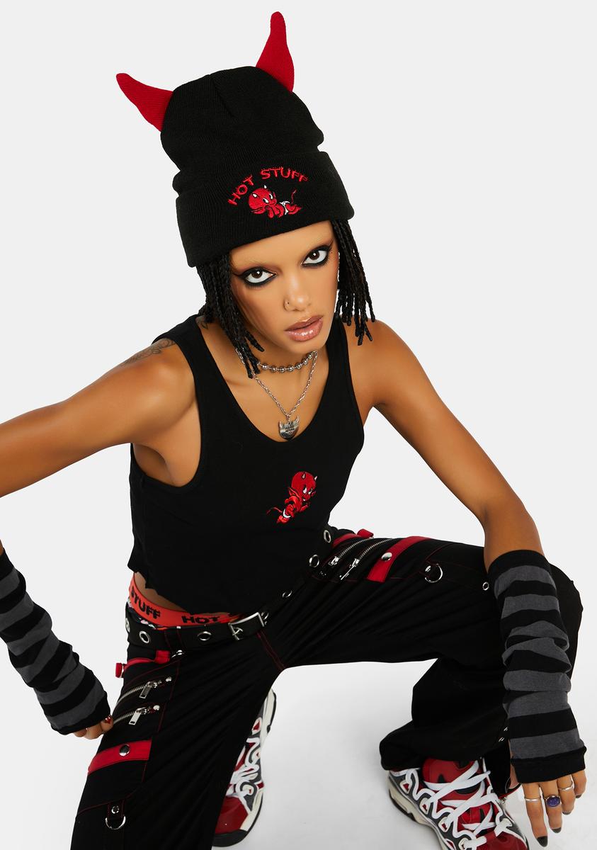 Dolls Kill x Hot Stuff Casper Knit Embroidered Devil Horn Beanie - Black