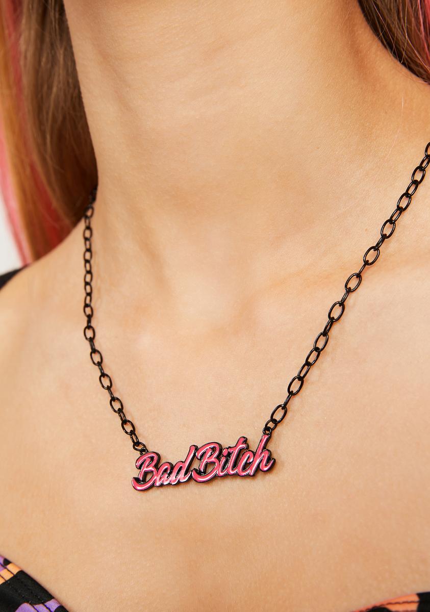 Metallic Enamel Bad Bitch Pendant Chain Necklace – Dolls Kill