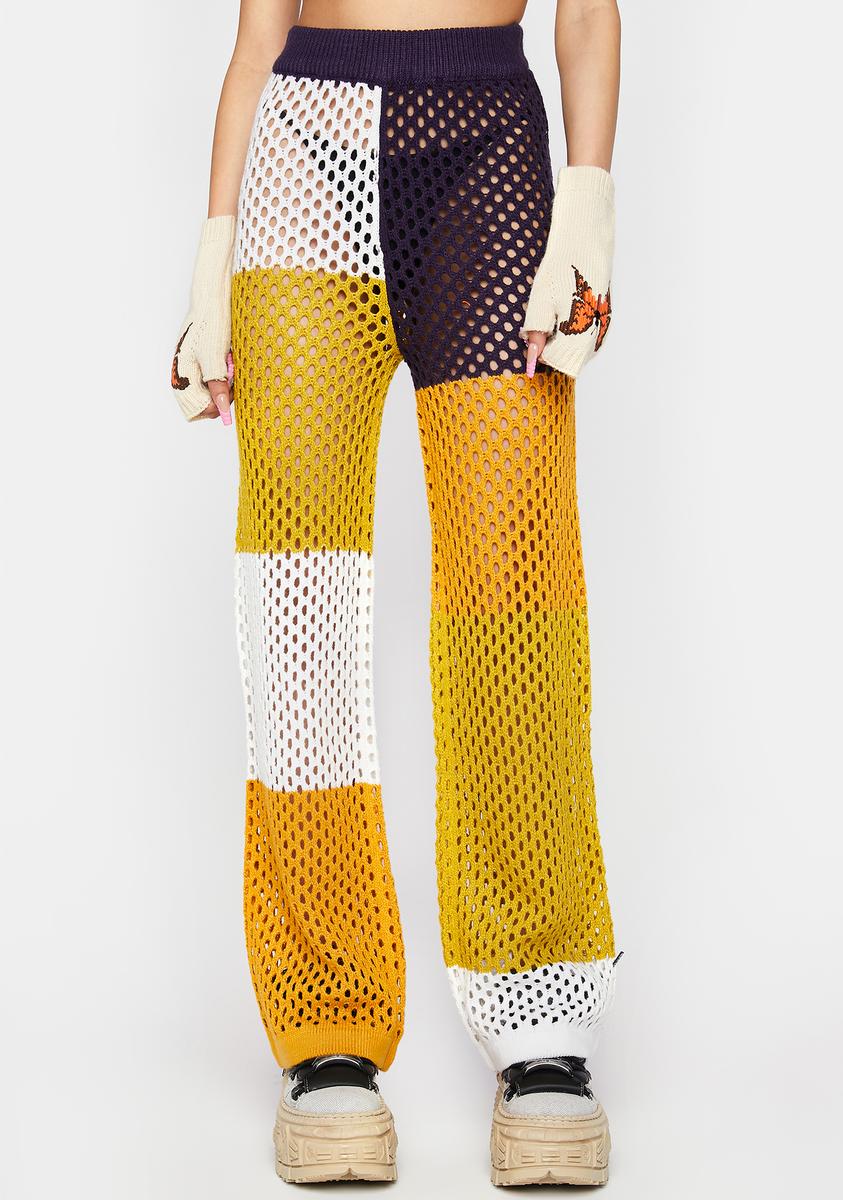 Crochet Knit Color Block Pants - Yellow/Brown/White – Dolls Kill