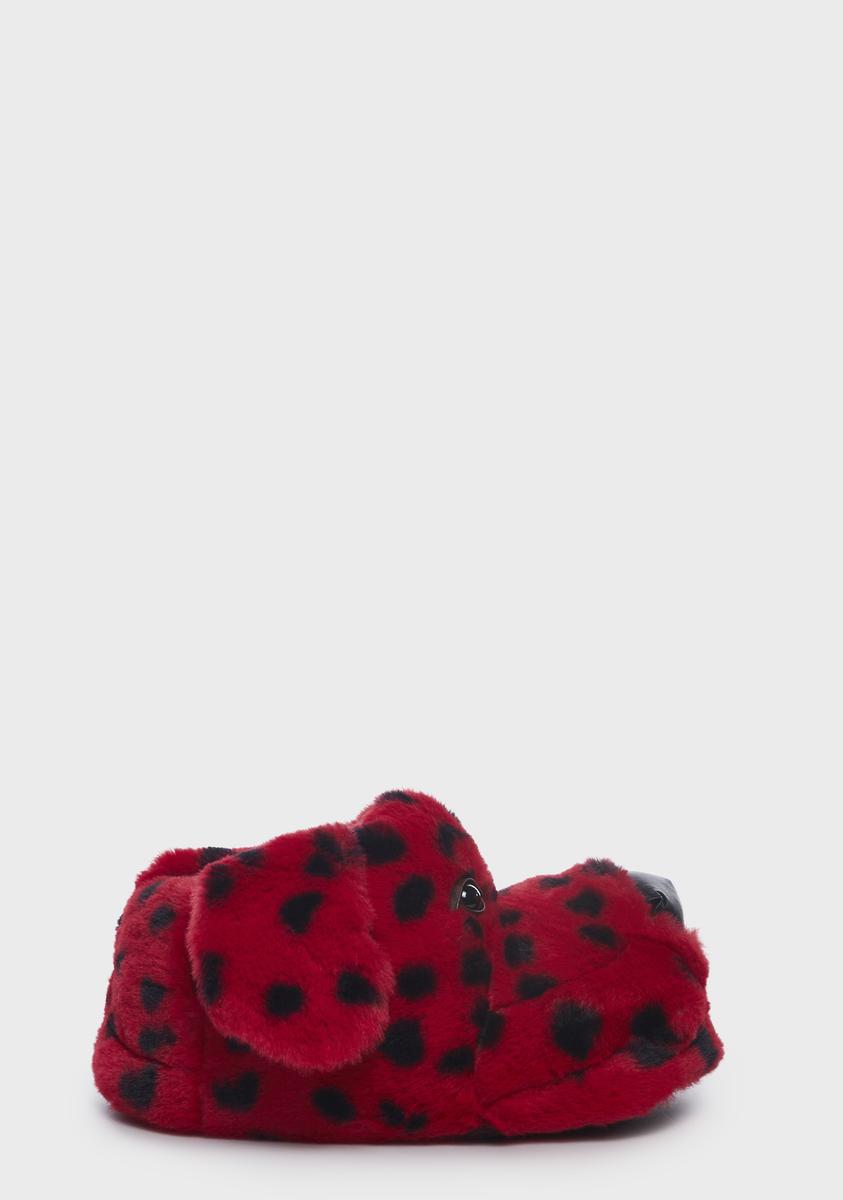 Spotted Dog Faux Fur Slippers - Red/Black – Dolls Kill