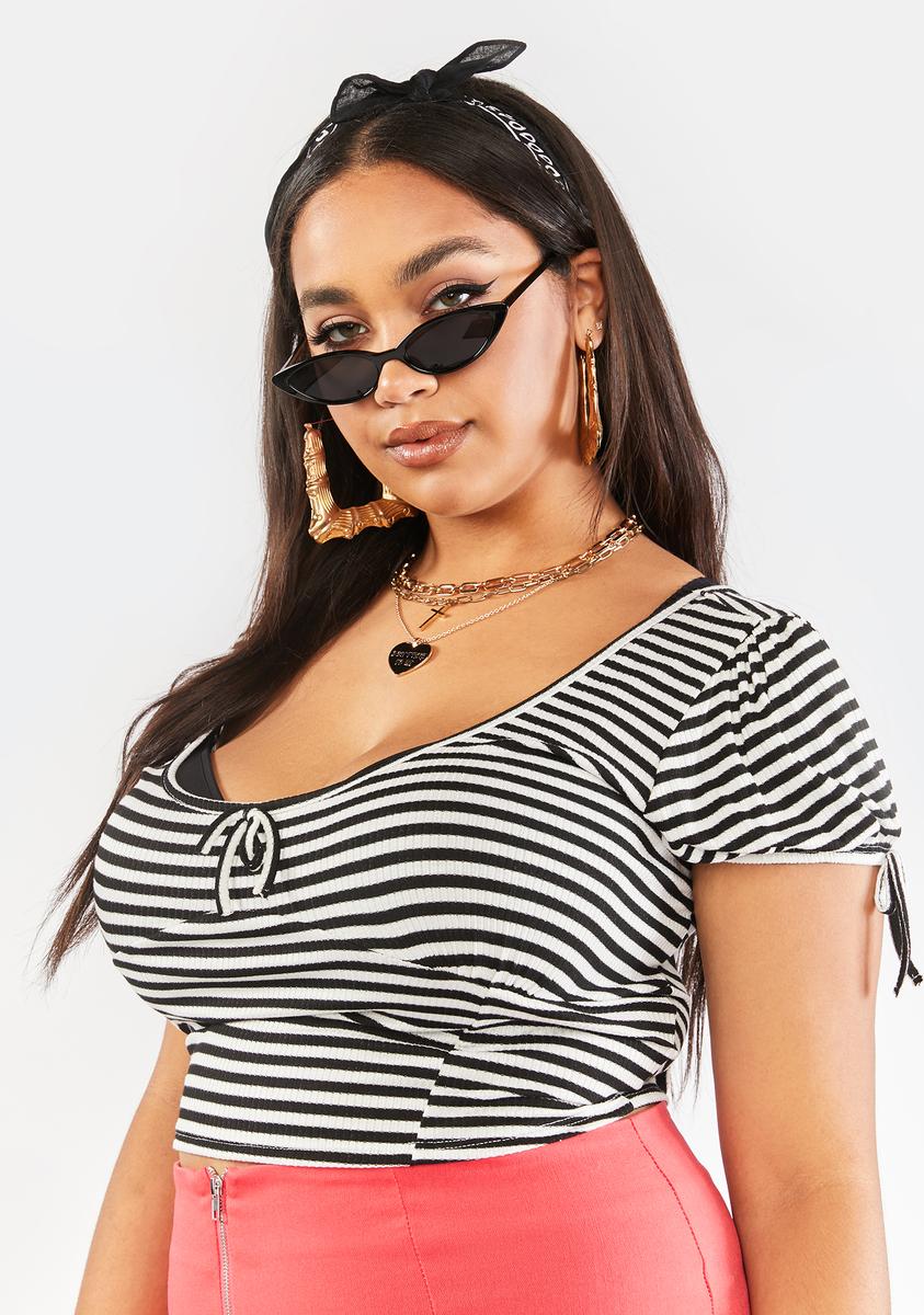 Plus Size Bow Detail Puff Sleeve Structured Bust Crop Top - Striped ...