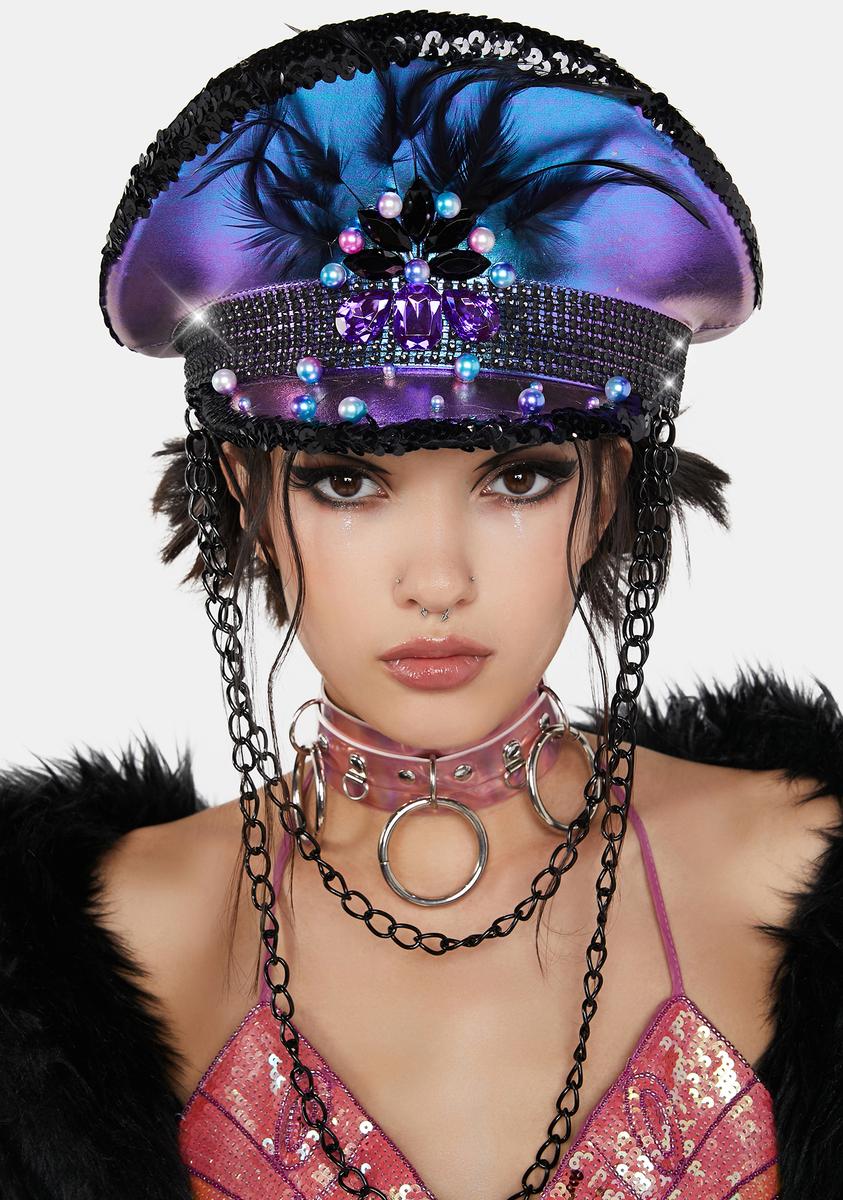 Sequin Rhinestone Pearl Chain Holographic Captain Hat - Purple – Dolls Kill