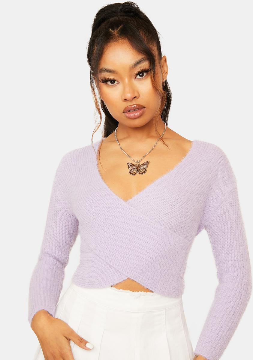 Ribbed Knit V Neck Wrap Long Sleeve Crop Top Lavender – Dolls Kill