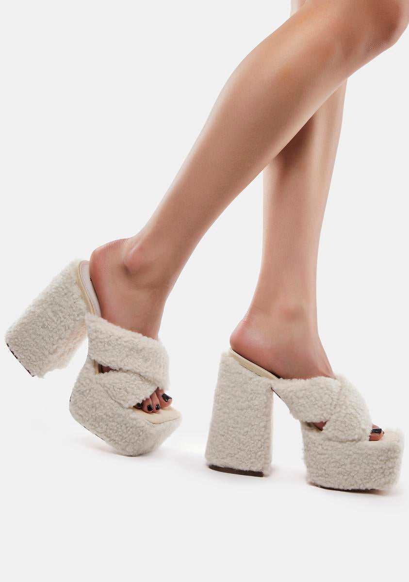 Faux Shearling Slip On Fluffy Heels - Cream – Dolls Kill