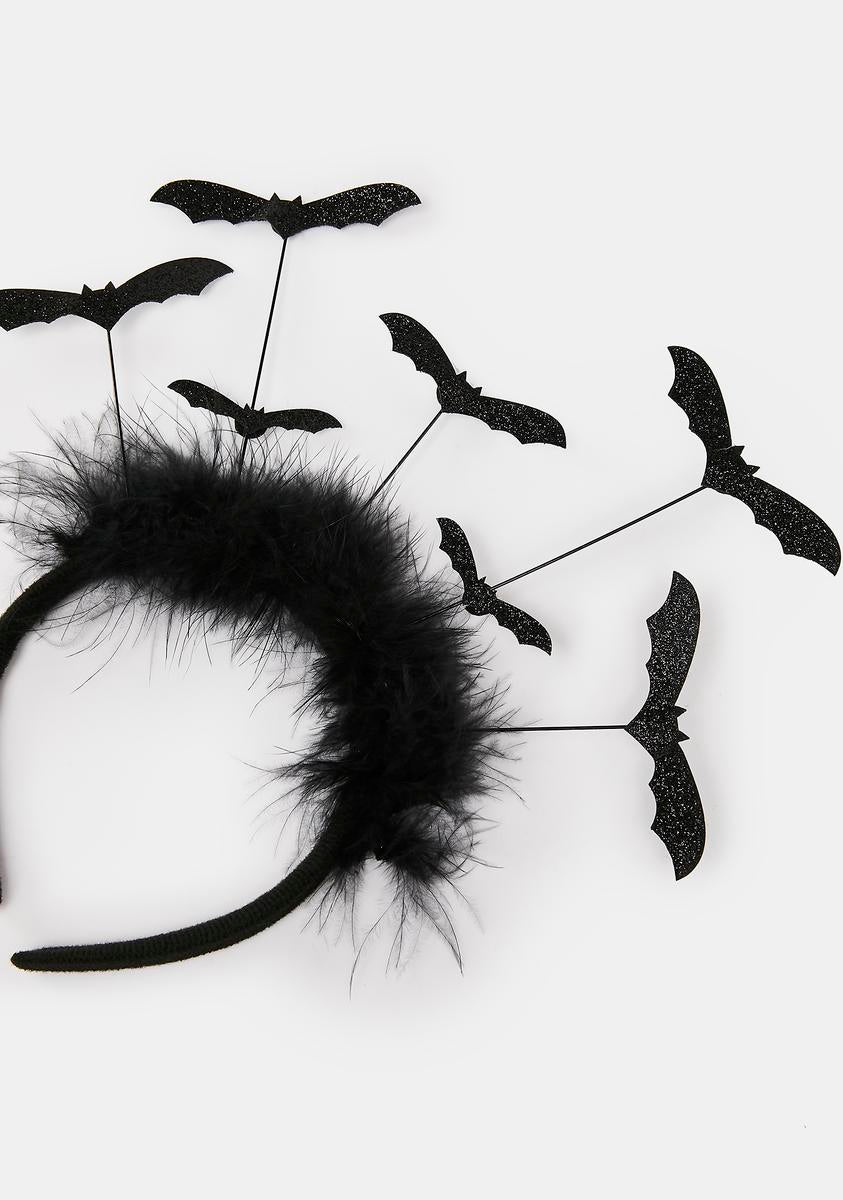 Glitter Bat Headband With Faux Feather Trim - Black – Dolls Kill