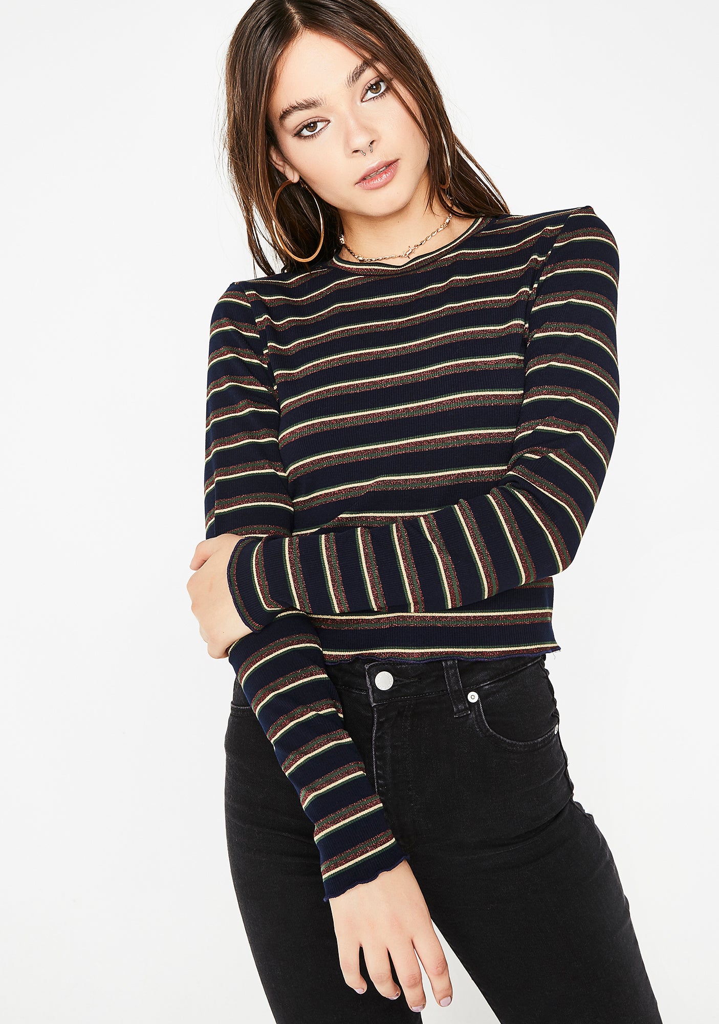Stripe Long Sleeve Ruffle Crew Tee Navy – Dolls Kill
