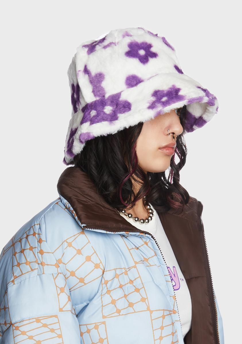 Faux Fur Floral Print Bucket Hat - White/Purple – Dolls Kill